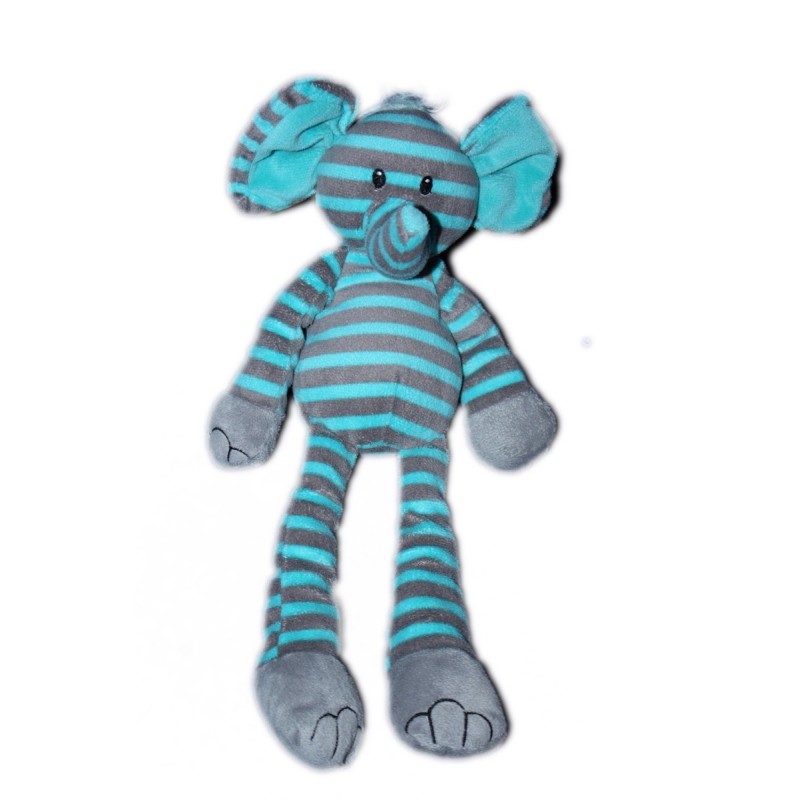 Doudou peluche éléphant bleu gris rayé rayures Carrefour Max et Sax 34 cm